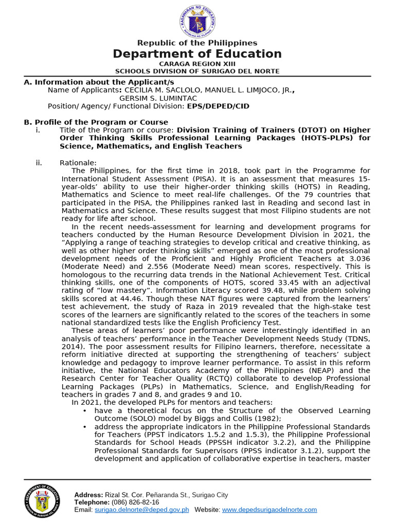 ACTIVITY DESIGN HOTS PLPs FINAL | PDF