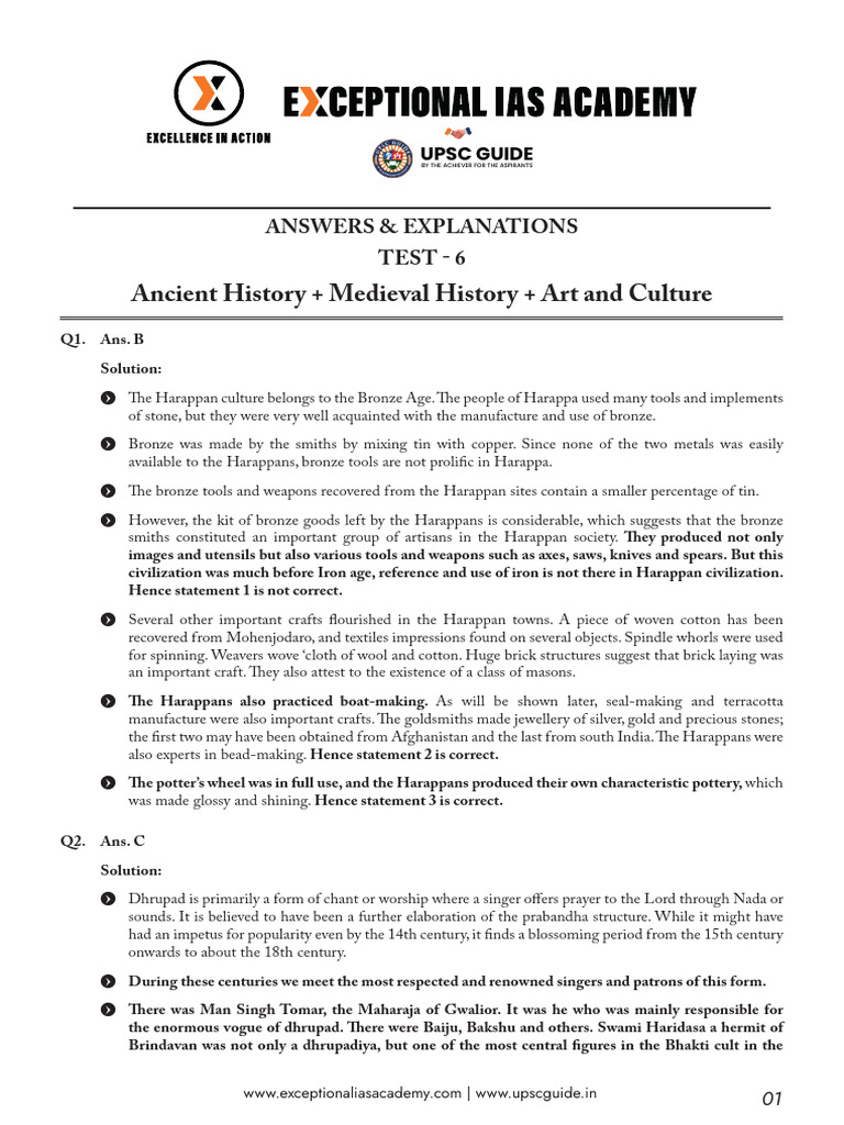 EX+UG TS Test 6 Ancient History + Medieval History + Art and Culture ...
