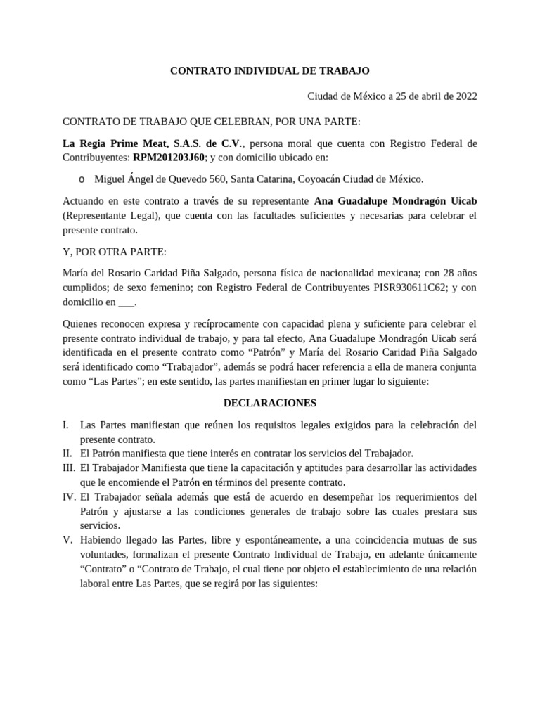 Contrato Individual de Trabajo | PDF
