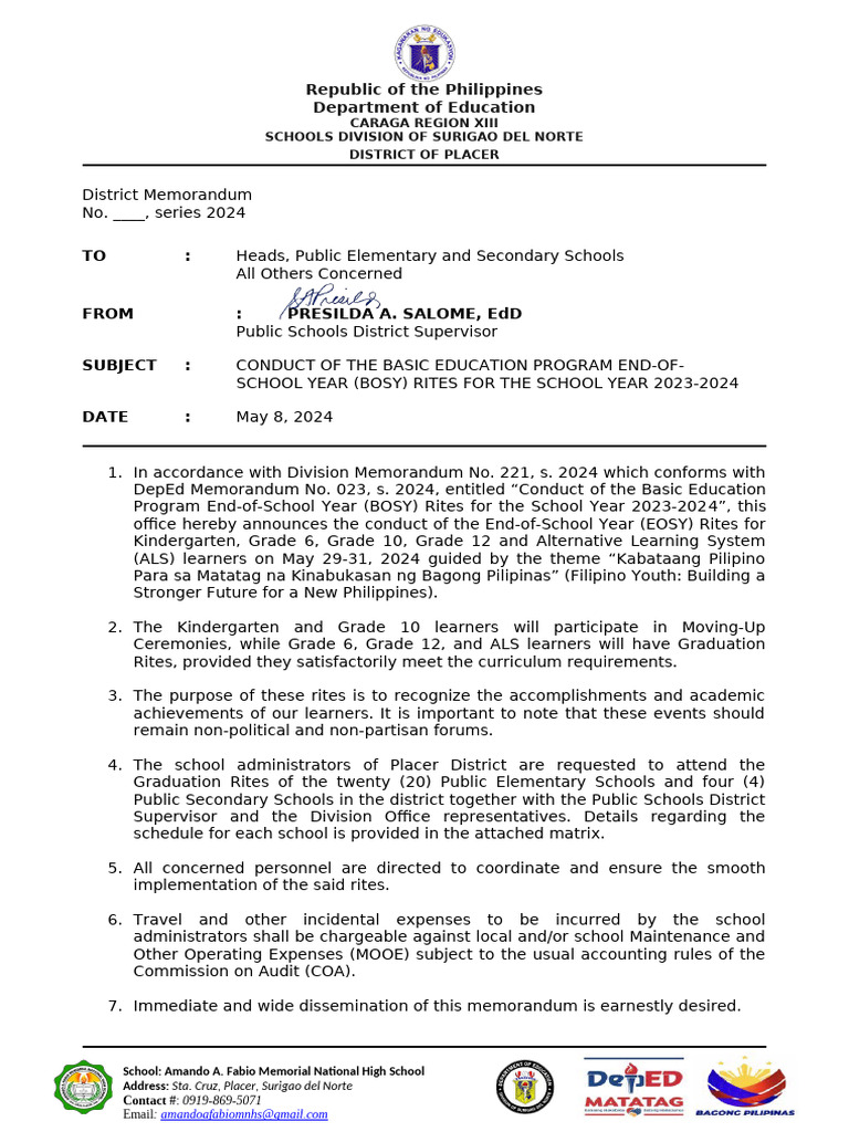 District Memo Graduation Rites With Schedule | PDF