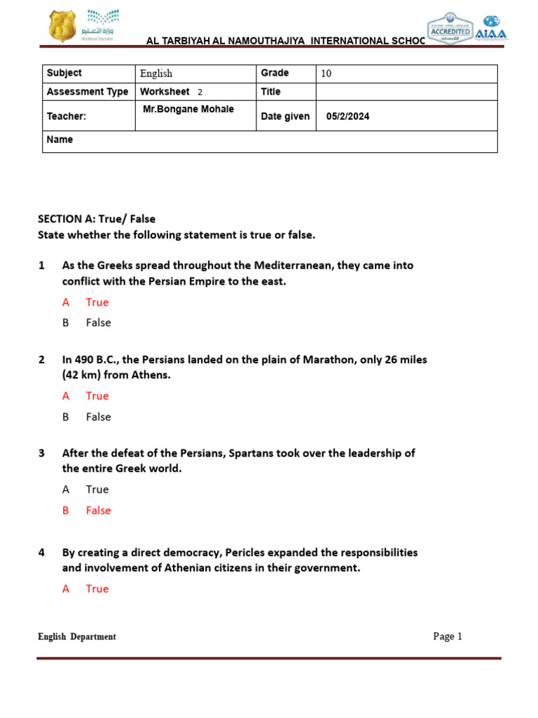 World History 1 Revisional Worksheet With Answer Keys | PDF