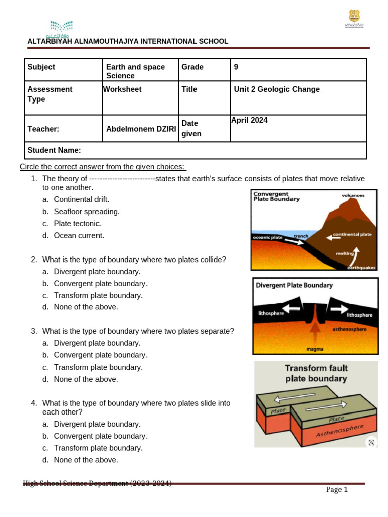 G9 Worksheet 1 Unit 2 Geologic Change | PDF