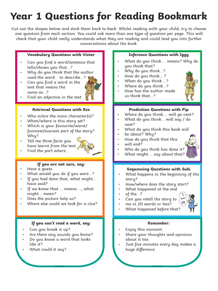 Year 1 Questions For Reading Bookmark Question Cards | PDF