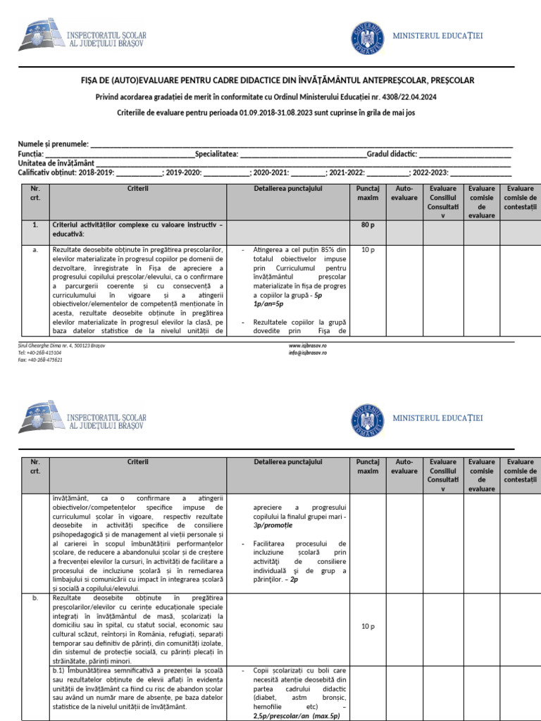 Fisa - (Auto) Evaluare Gradatie Merit Cadre - Didactice Invatamant Anteprescolar Prescolar 2024 ...