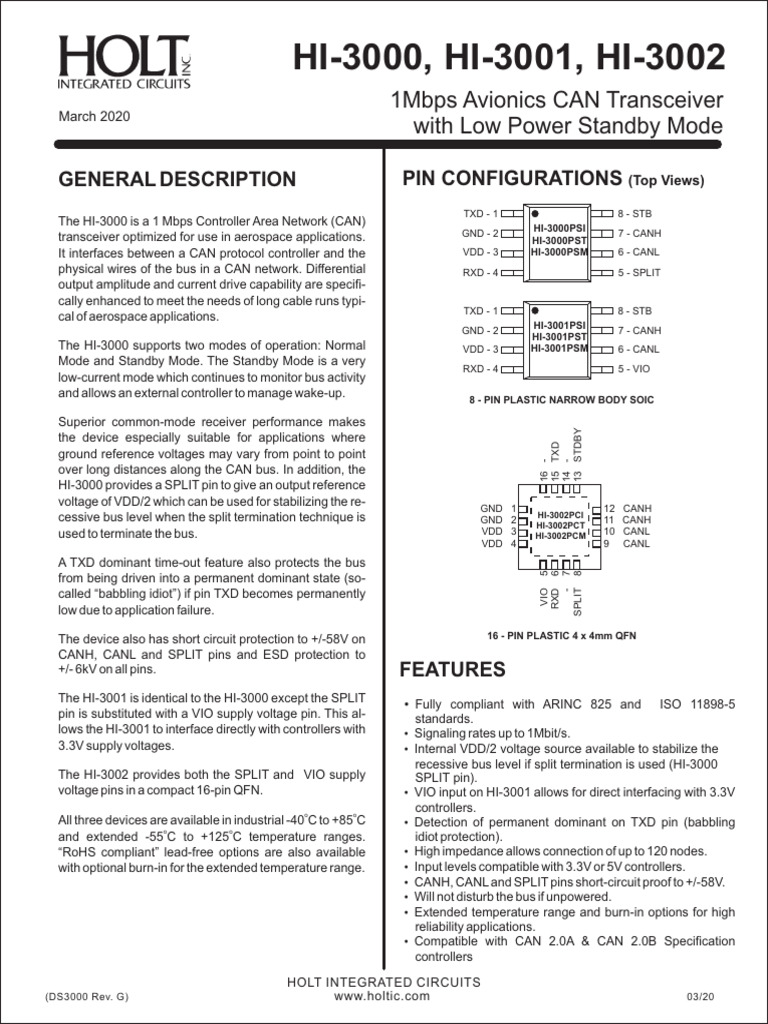 HI-3000, HI-3001, HI-3002: 1Mbps Avionics CAN Transceiver With Low ...