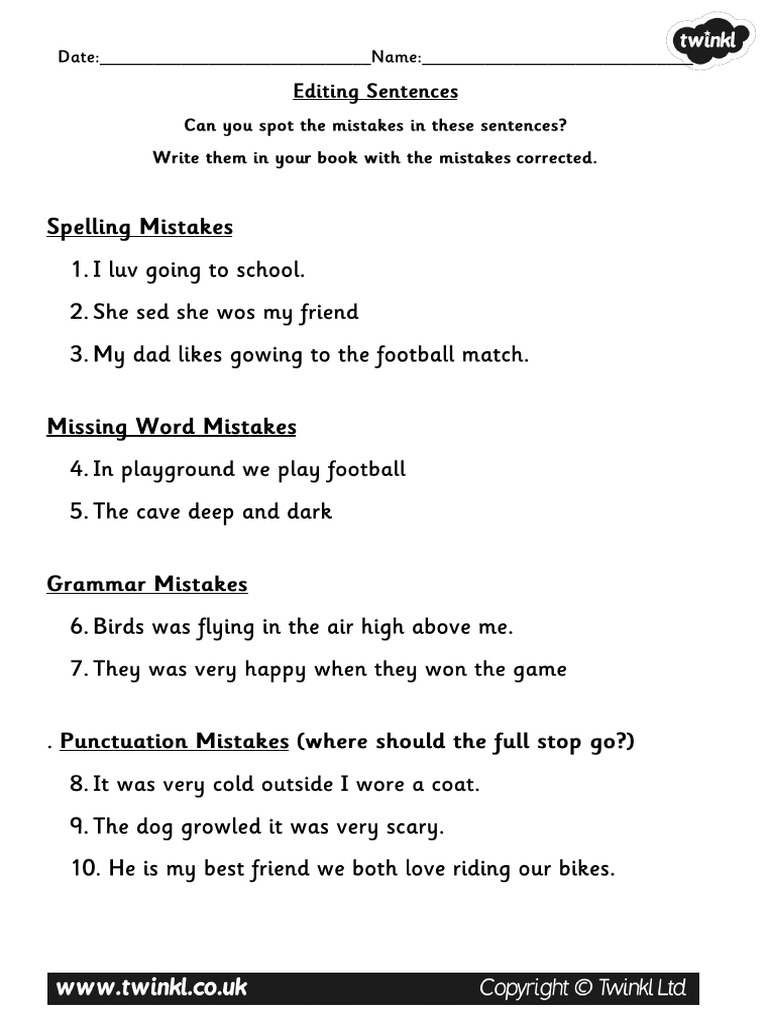 Editing Sentences AA Worksheet | PDF