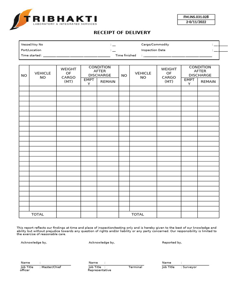 FM - INS-031.028 Receipt of Delivery - 1 | PDF