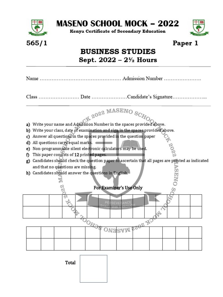 Business Studies Paper 1 Mock 2022 | PDF