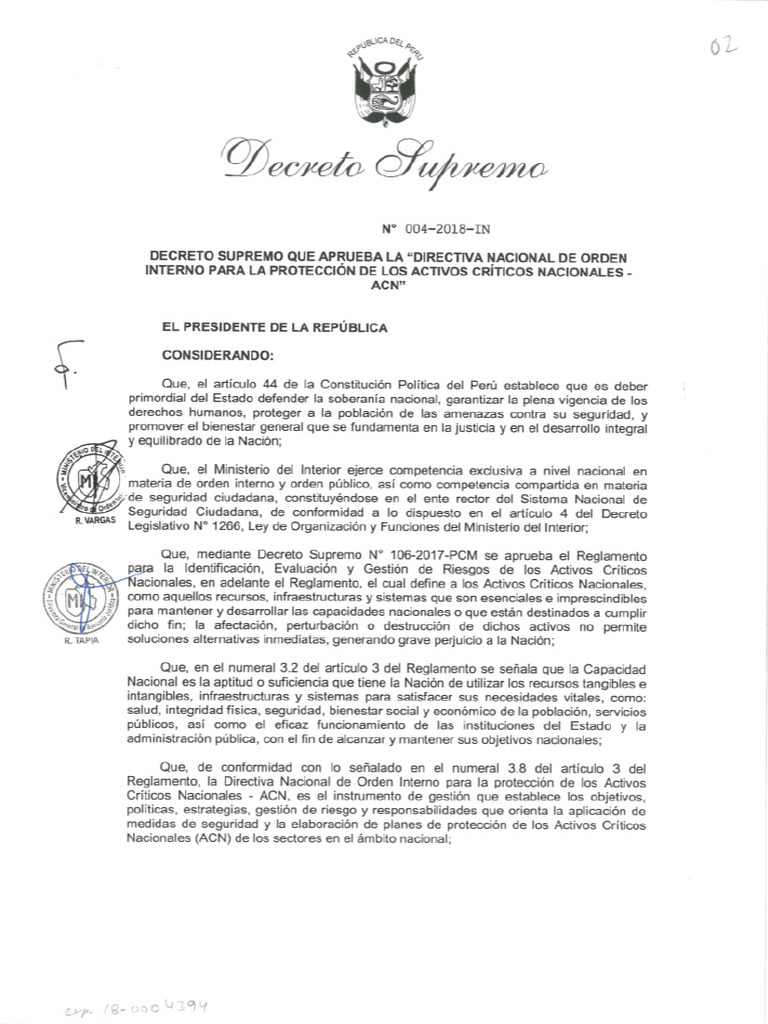 D.S. #004-2018-IN (Aprobación de La Directiva Nacional de Orden Interno para La Protección de ...