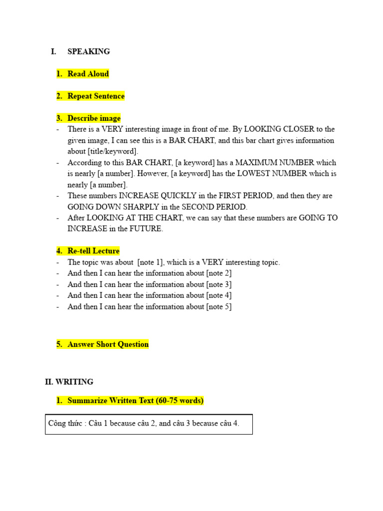 I. Speaking 1. Read Aloud 2. Repeat Sentence 3. Describe Image | PDF