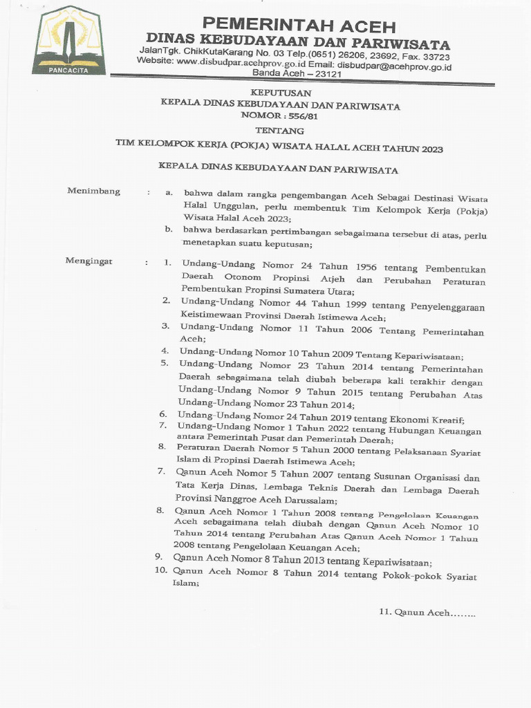 SK Tim Kelompok Kerja (Pokja) Wisata Halal Aceh Tahun 2023 | PDF