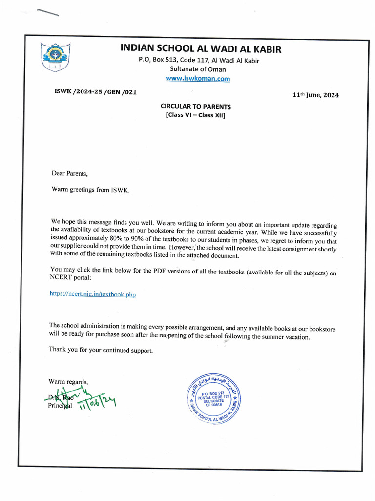 Circular To Parents - Arrangements of Textbooks For Classes VI-XII | PDF