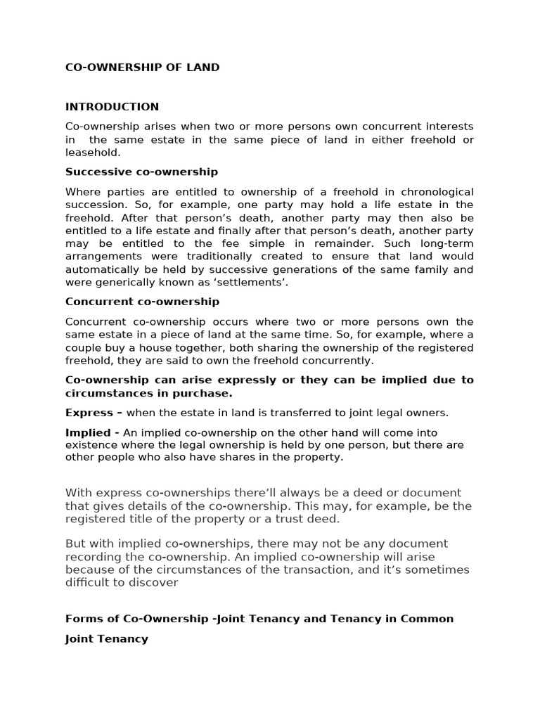 Co-Ownership of Land Explained | PDF | Concurrent Estate | Leasehold Estate