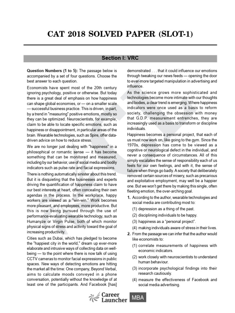 CATActualPaper2018Slot-1 Qs+Sol | PDF