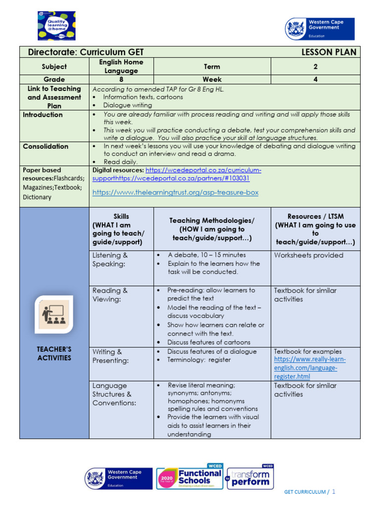 English Grade 8 Lesson Plans | PDF