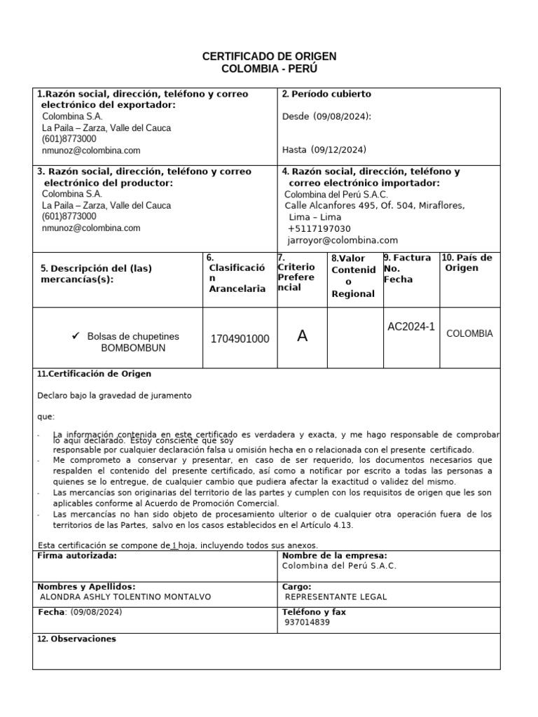 Formato Sugerido Certificado de Origen | PDF