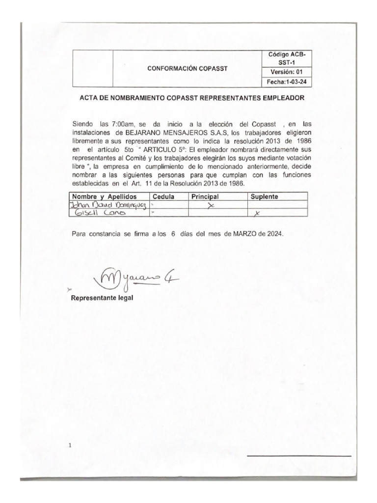Acta Conformacion Copasst Bejarano 2024 | PDF