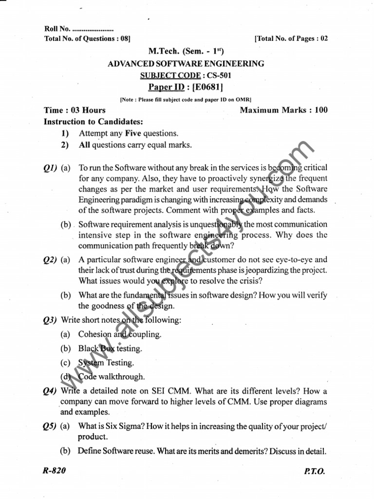 M.Tech Software Engineering Exam Paper | PDF