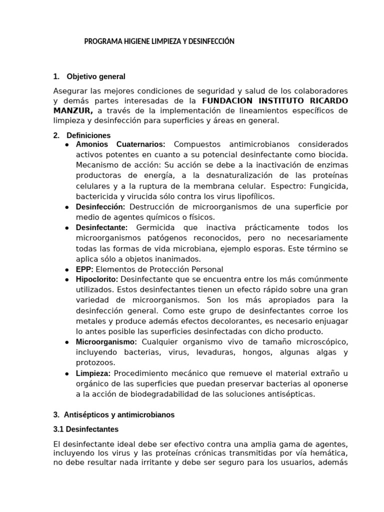 Programa de Higiene Limpieza y Desinfeccion | PDF
