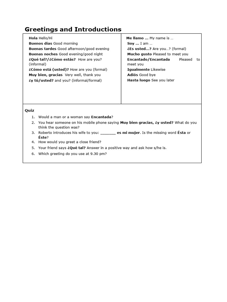 6.b. Spanish GREETINGS (Student) | PDF