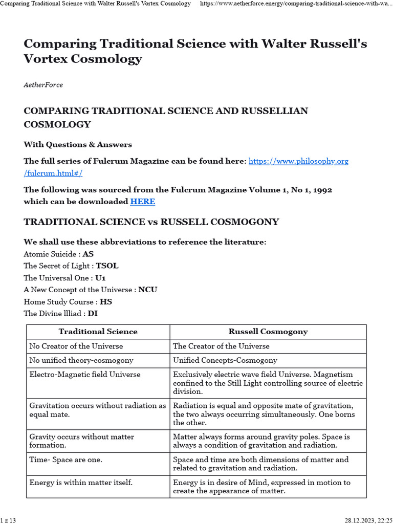 Comparing Traditional Science With Walter Russell's Vortex Cosmology Aether Force | PDF