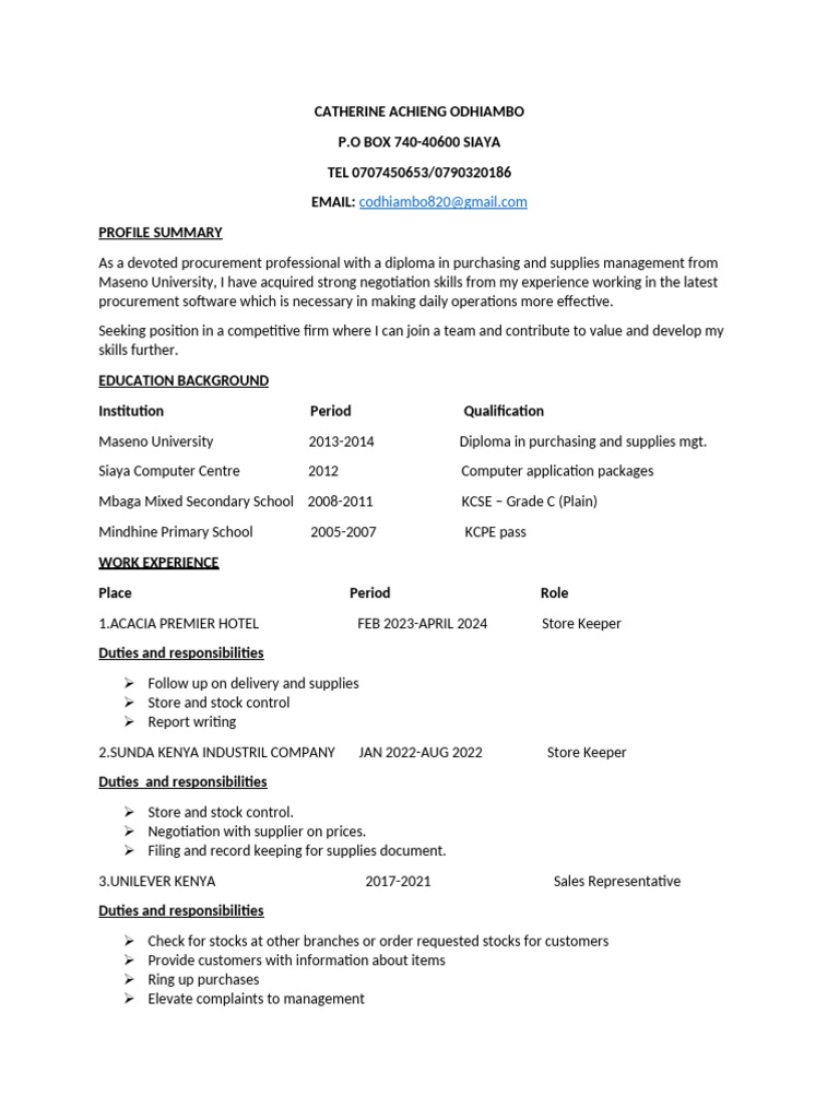 CATHERINE ACHIENG ODHIAMBO CV | PDF