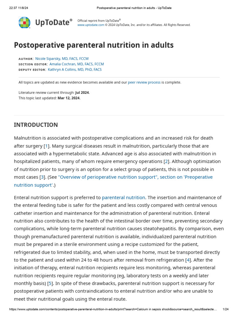 Postoperative Parenteral Nutrition in Adults - UpToDate | PDF