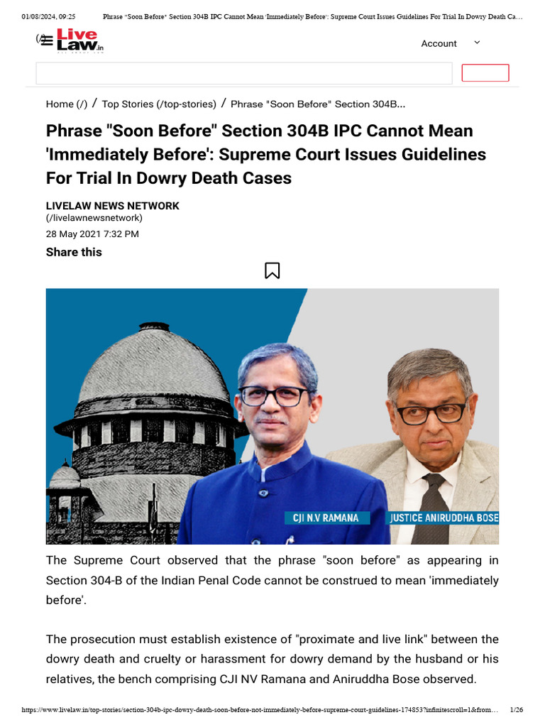 Phrase - Soon Before - Section 304B IPC Cannot Mean 'Immediately Before ...