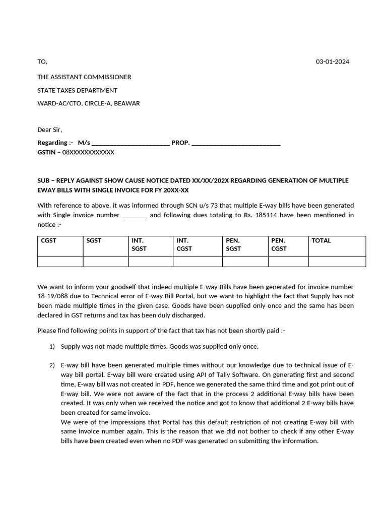 Reply Against SCN Issued For Multiple E-Way Bills For Single Invoice | PDF