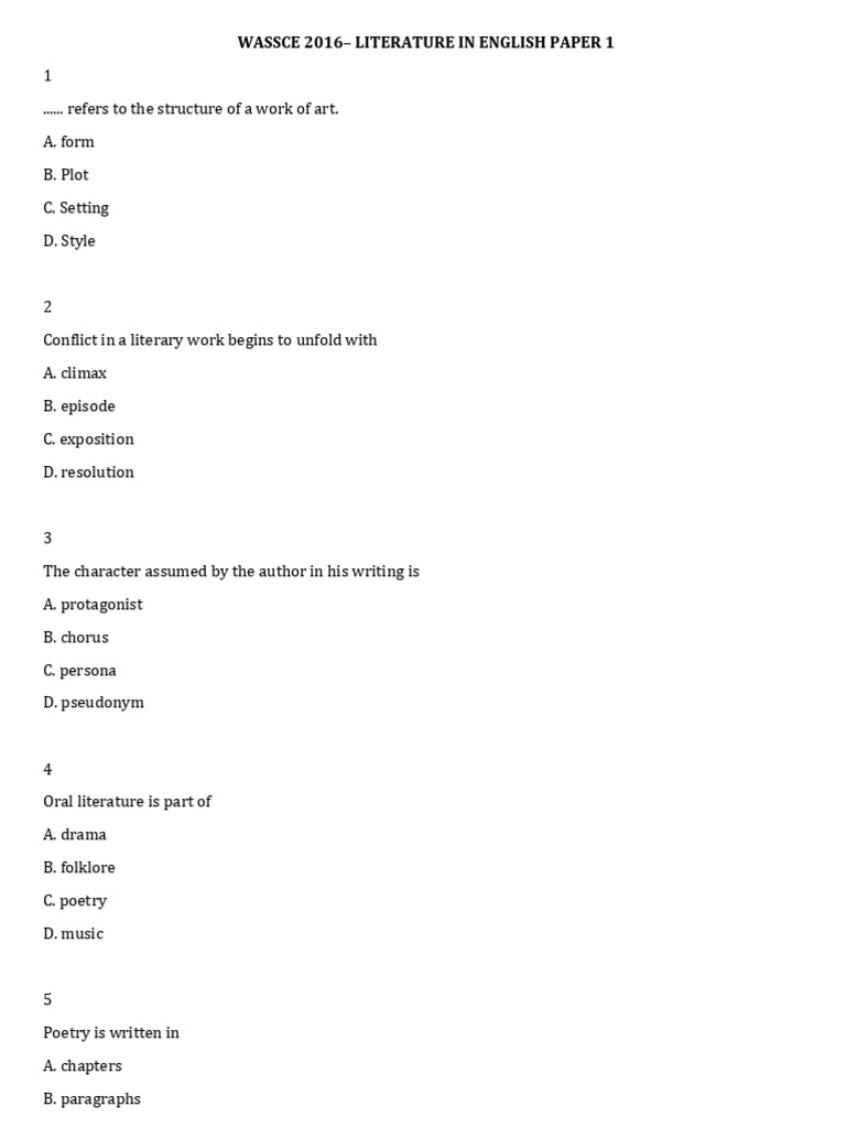 2016 Wassce Literature in English Paper 1 | PDF