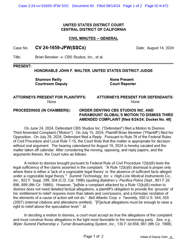 Beneker v. CBS | PDF | Federal Rules Of Civil Procedure | Complaint