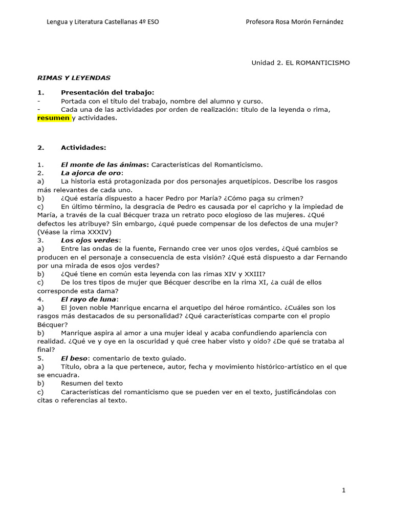 Leyendas Bécquer. Lectura y Trabajo | PDF