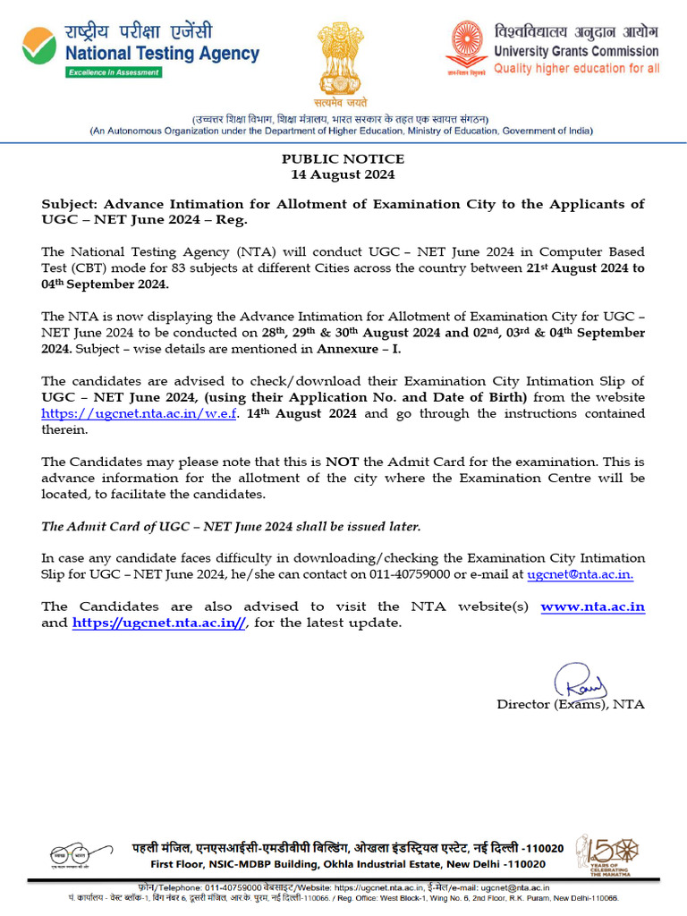 UGC NET June 2024 Exam City Allotment Notice | PDF | Languages Of India