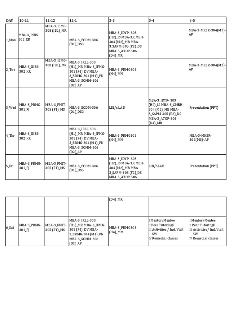 Time Table Odd Sem | PDF