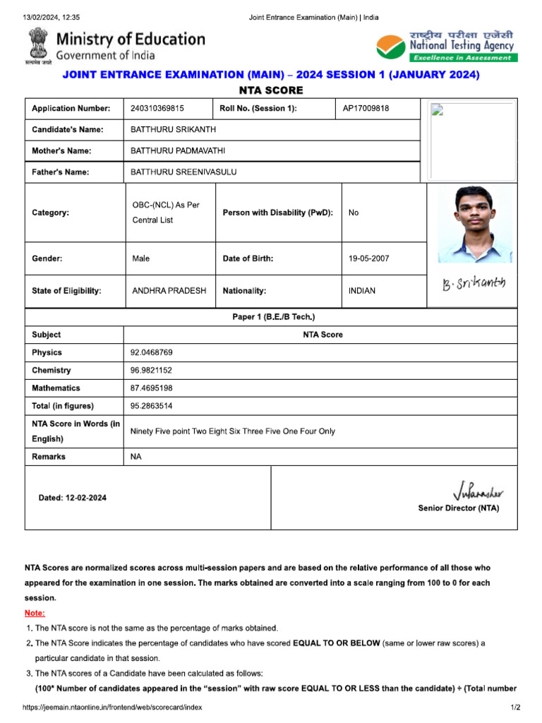 Jee Main Result | PDF