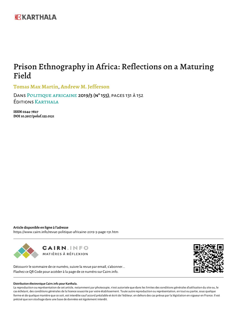 Martin Et Jefferson (2019) Prison Ethnography in Africa: Reflections On A Maturing | PDF