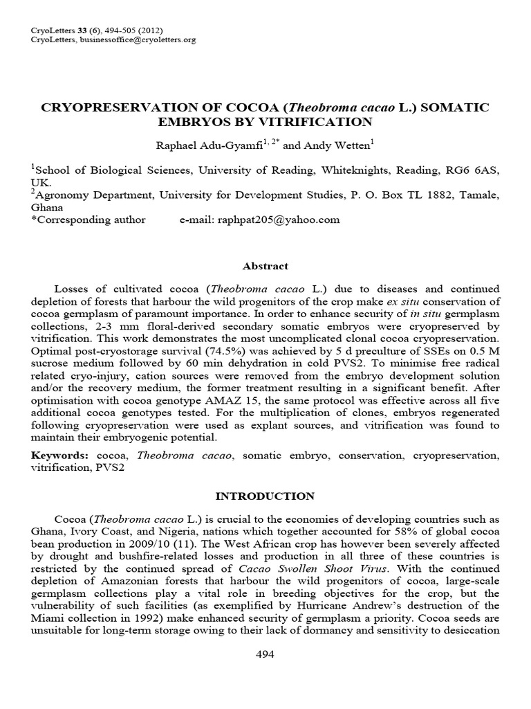 Cryopreservation of Cocoa (Theobroma Cacao L.) Somatic Embryos by ...