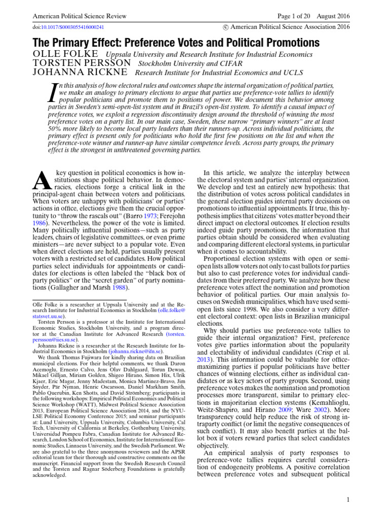 The Primary Effect Preference Votes and Political Promotions | PDF