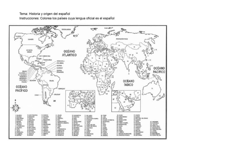 Mapa Del Mundo para Colorear Los Pasíses Cuya Lengua Oficial Es El ...