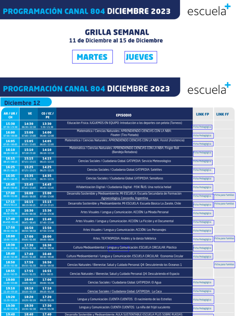 Grilla-Semanal_DICIEMBRE_SEMANA3_11DIC-al-15DIC_Canal-804-1804_Escuela-Plus | PDF