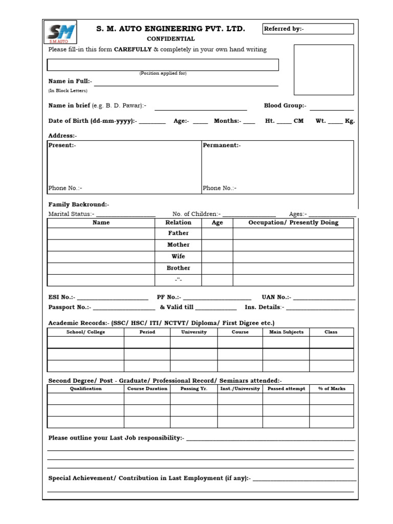 S. M. Auto Engineering Pvt. LTD.: (Position Applied For) | PDF