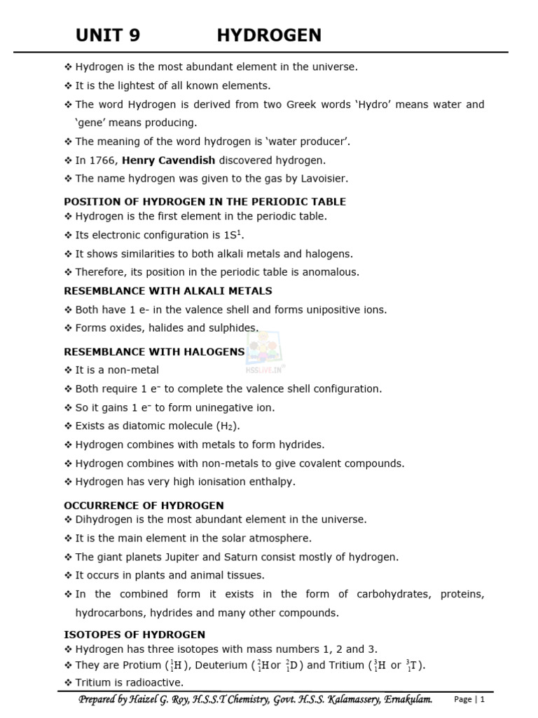 Hsslive-Xi-Chem-9. Hydrogen | PDF | Hydrogen | Hydride