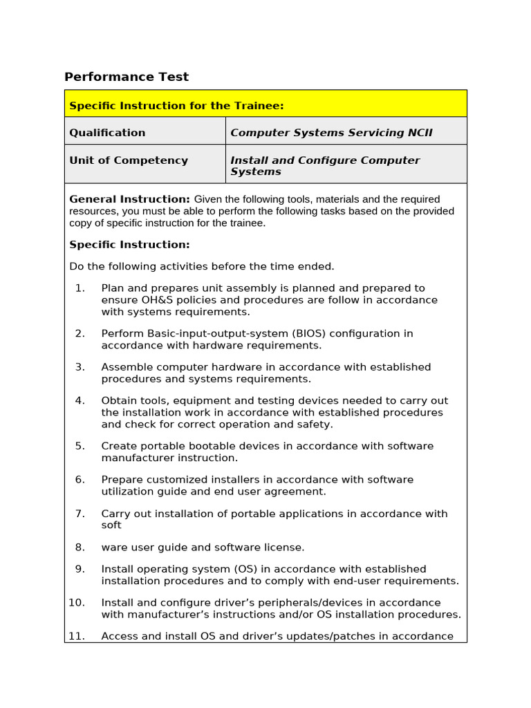 Performance Test: Specific Instruction For The Trainee: Qualification ...