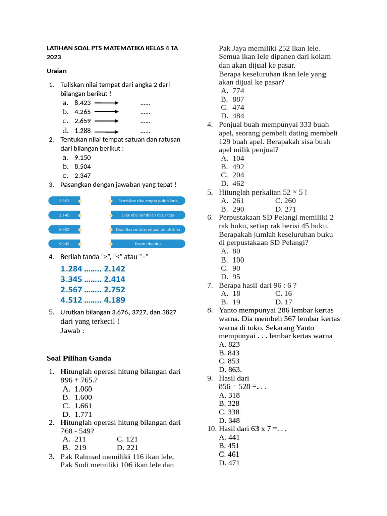 Latihan Soal PTS Matematika Kelas 4 Ta 2023 | PDF