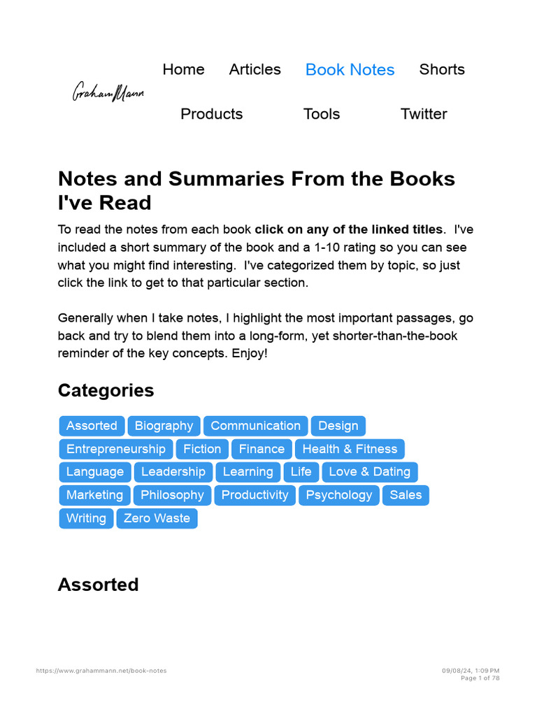 Summaries & Notes From Books I'Ve Read Graham Mann | PDF