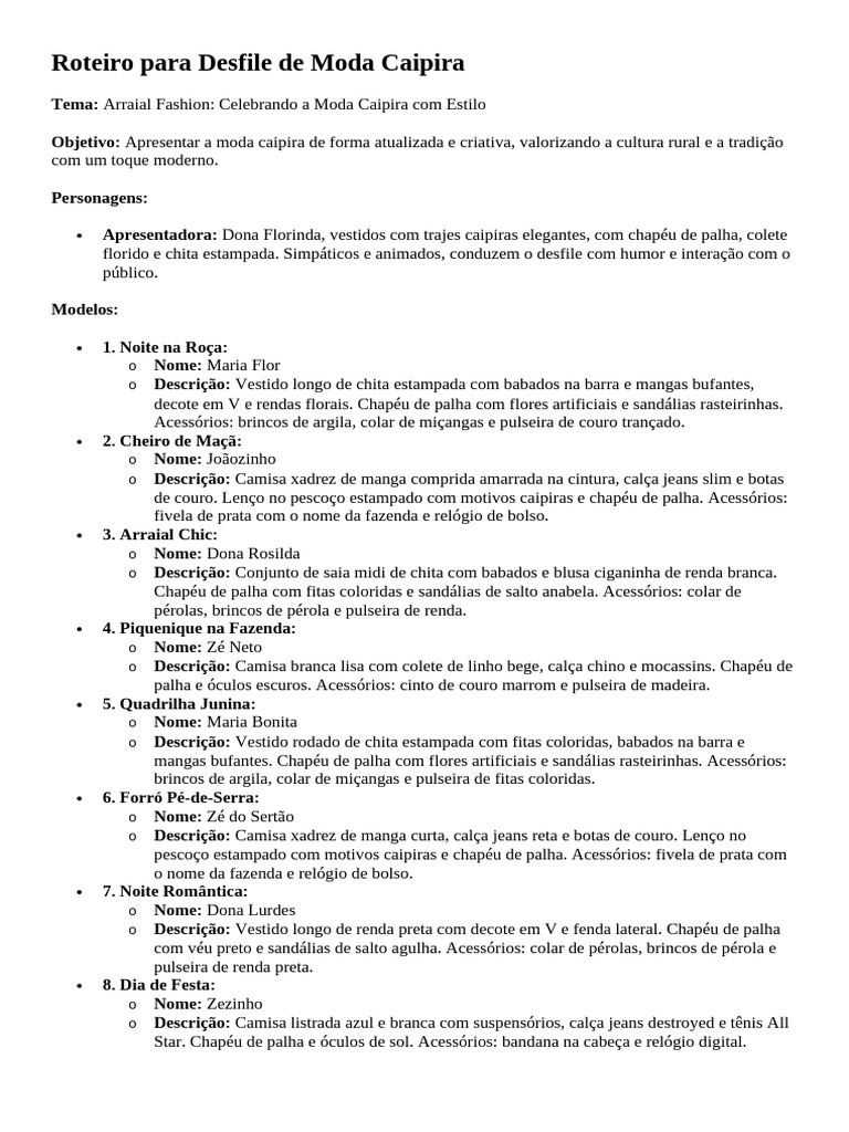 Roteiro para Desfile de Moda Caipira. | PDF