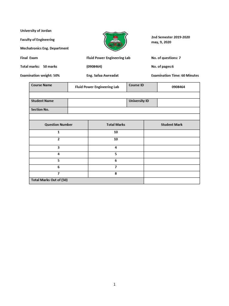 Fluidpowerlabfinalexam 2 Ndsem 20201 | PDF