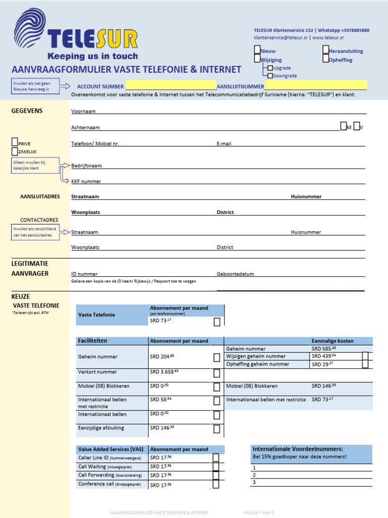 Aanvraagformulier Vaste Telefonie & Internet - Online - Invulbaar ...