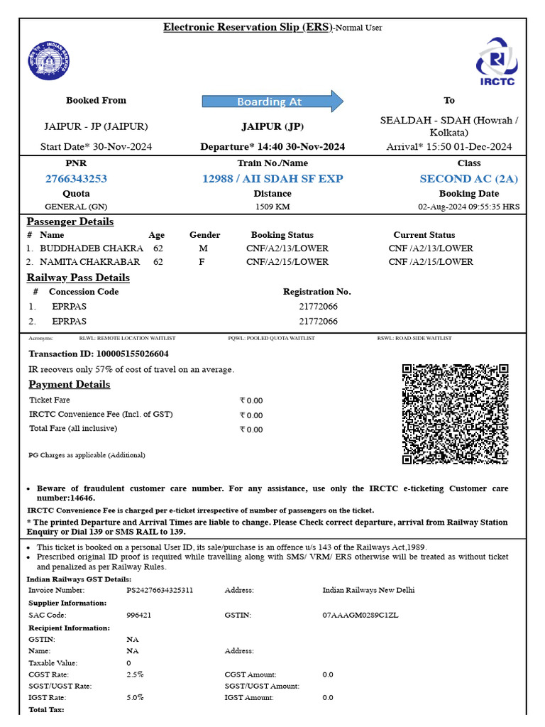 Aii Sdah SF Exp Second Ac (2A) : Electronic Reservation Slip (ERS) | PDF