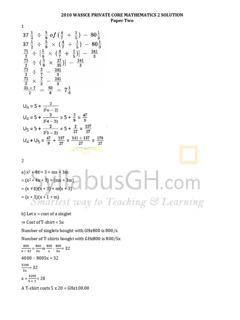 2010 Wassce Private Core Mathematics 2 Solution | PDF